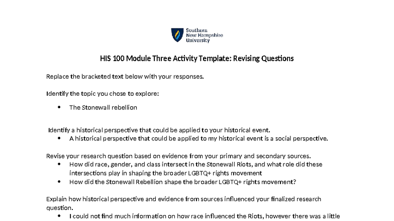 HIS 100 Module Three Activity: Finalized Research Question on Stonewall ...