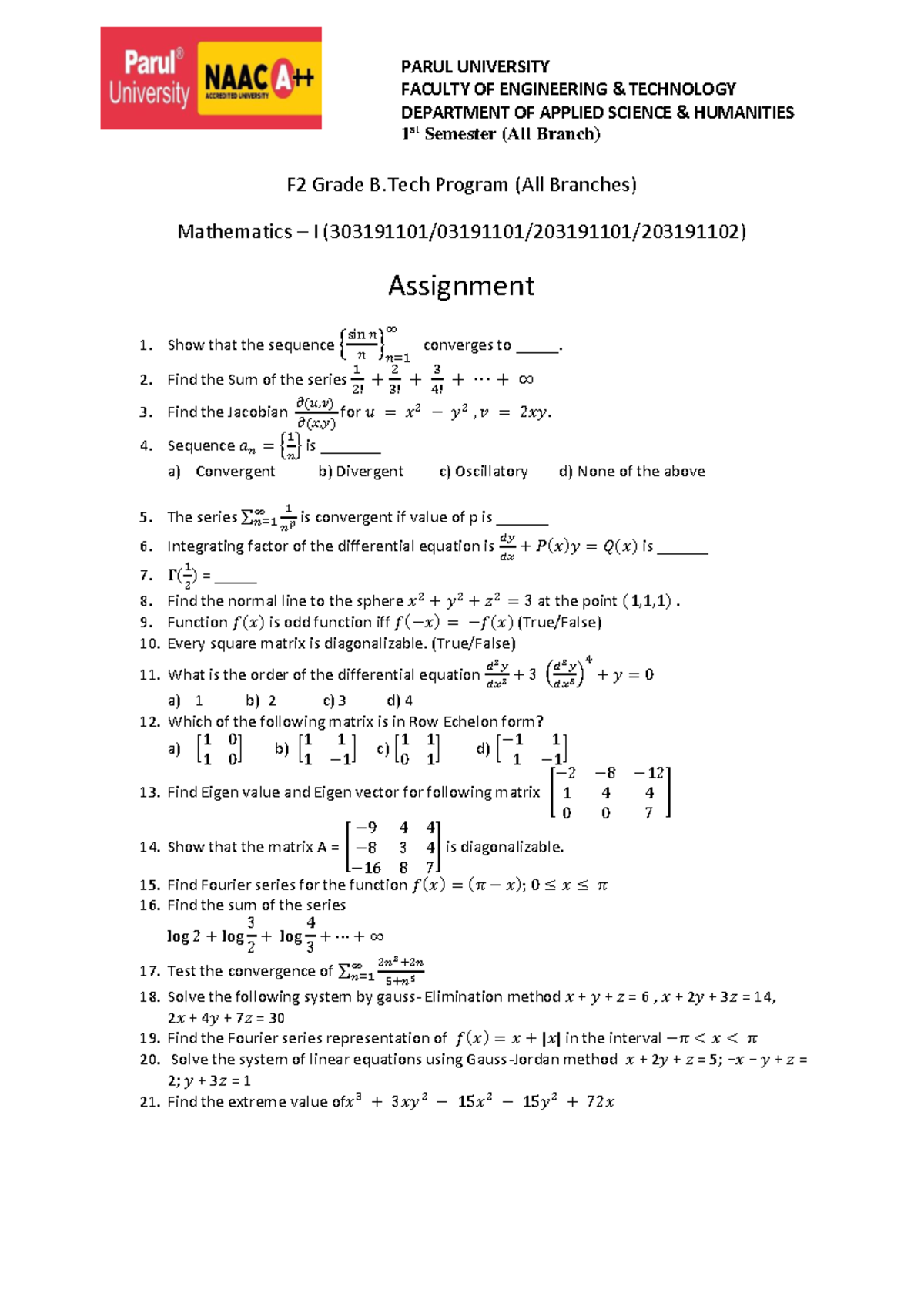 Mathematics I (303191101) F2 Grade Assignment 2024-2025 Tasks - Studocu