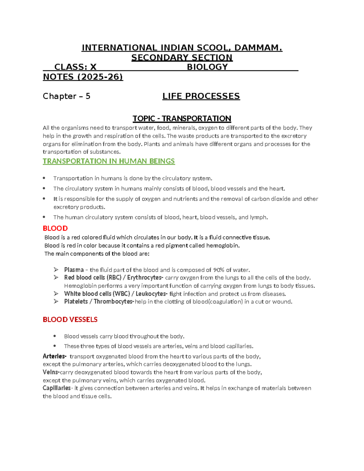 Grade 10 CBSE Biology Notes: Chapter 5 - Life Processes: Transportation ...