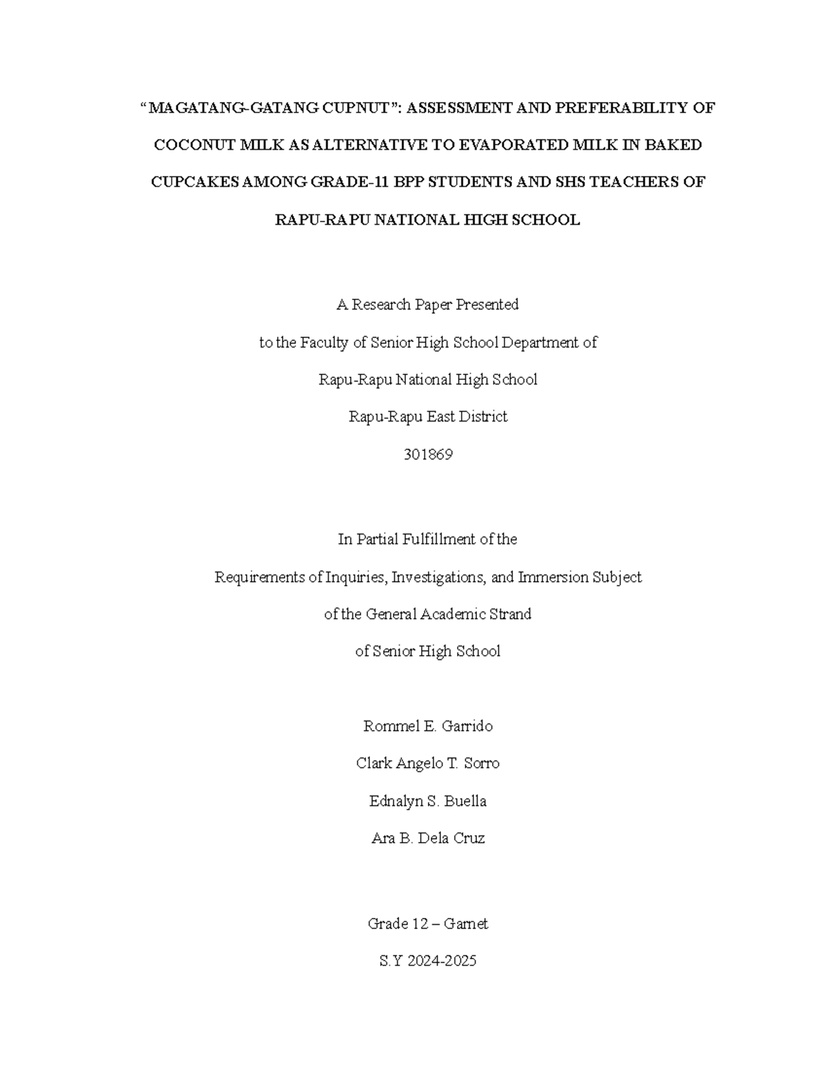 Cover Title PAGE Cupnut - “MAGATANG-GATANG CUPNUT”: ASSESSMENT AND ...