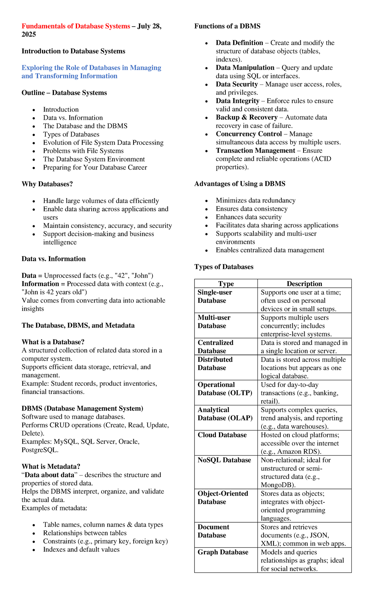 0728 - L1 L2 - Fundamentals of Database Systems Overview and Key Concepts - Studocu