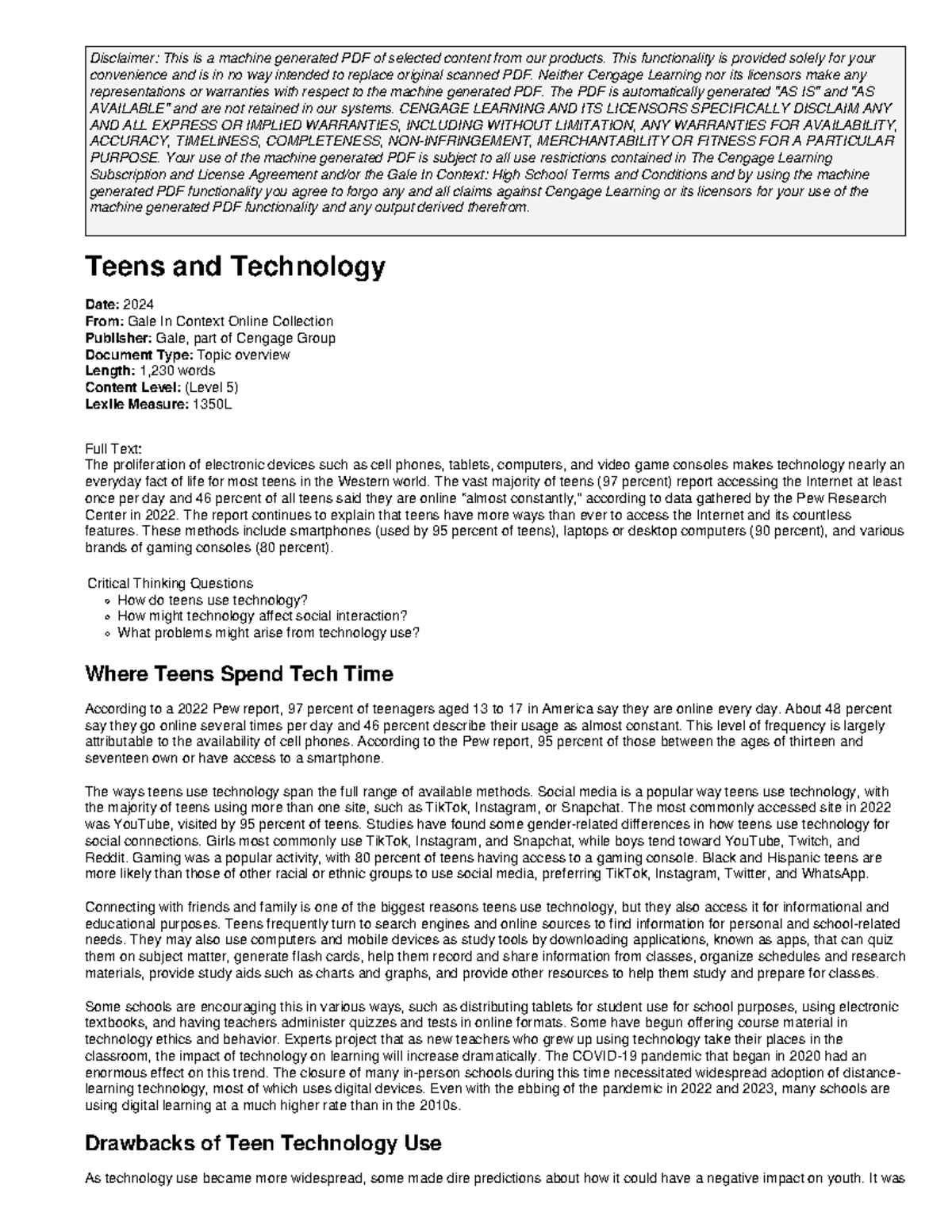 Teens and Technology: Insights on Usage and Impact (2024) - Studocu