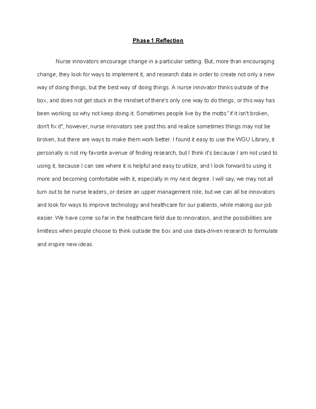 D371 Reflection on Innovation in Nursing - Phase 1 Insights - Studocu