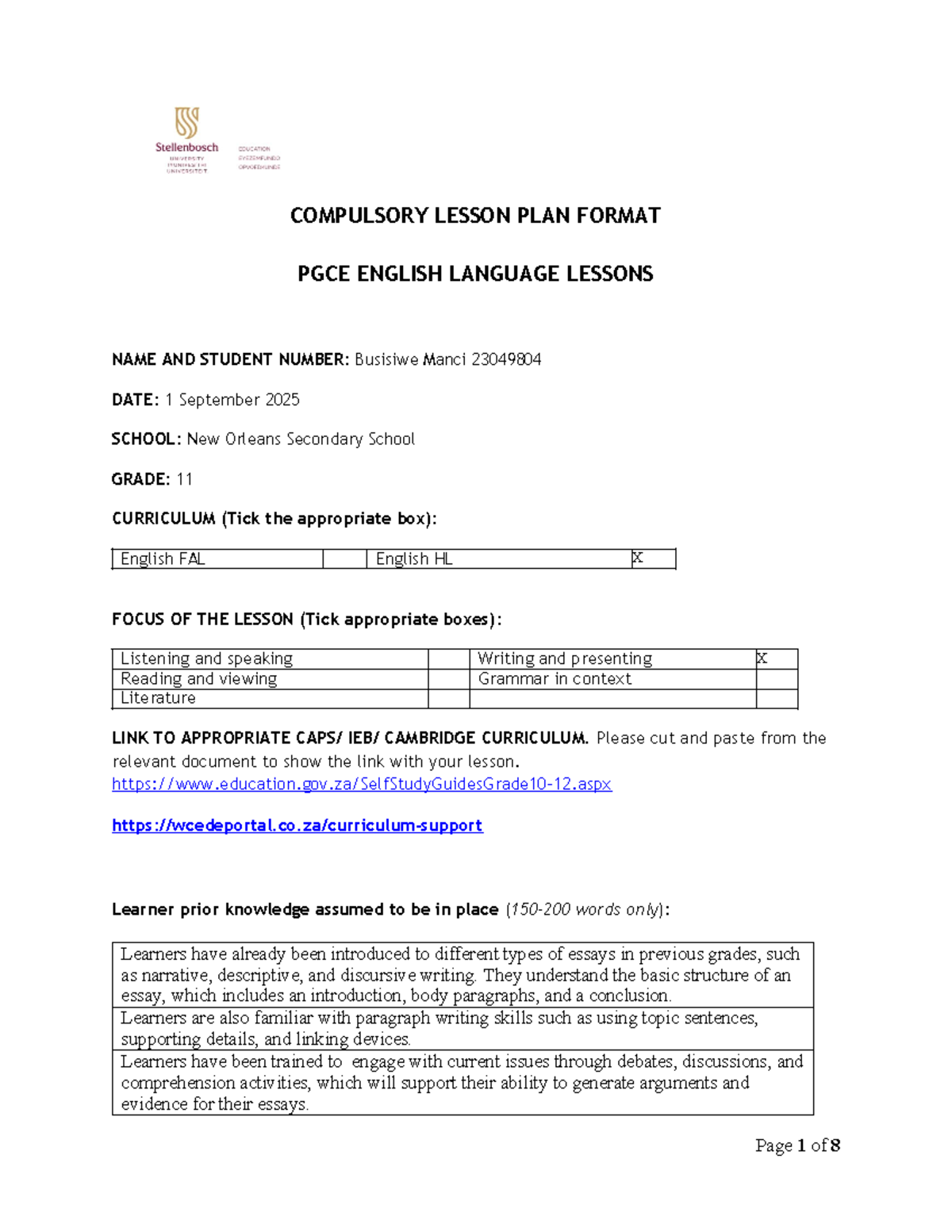 COMPULSORY LESSON PLAN: ARGUMENTATIVE ESSAY (PGCE) - Studocu
