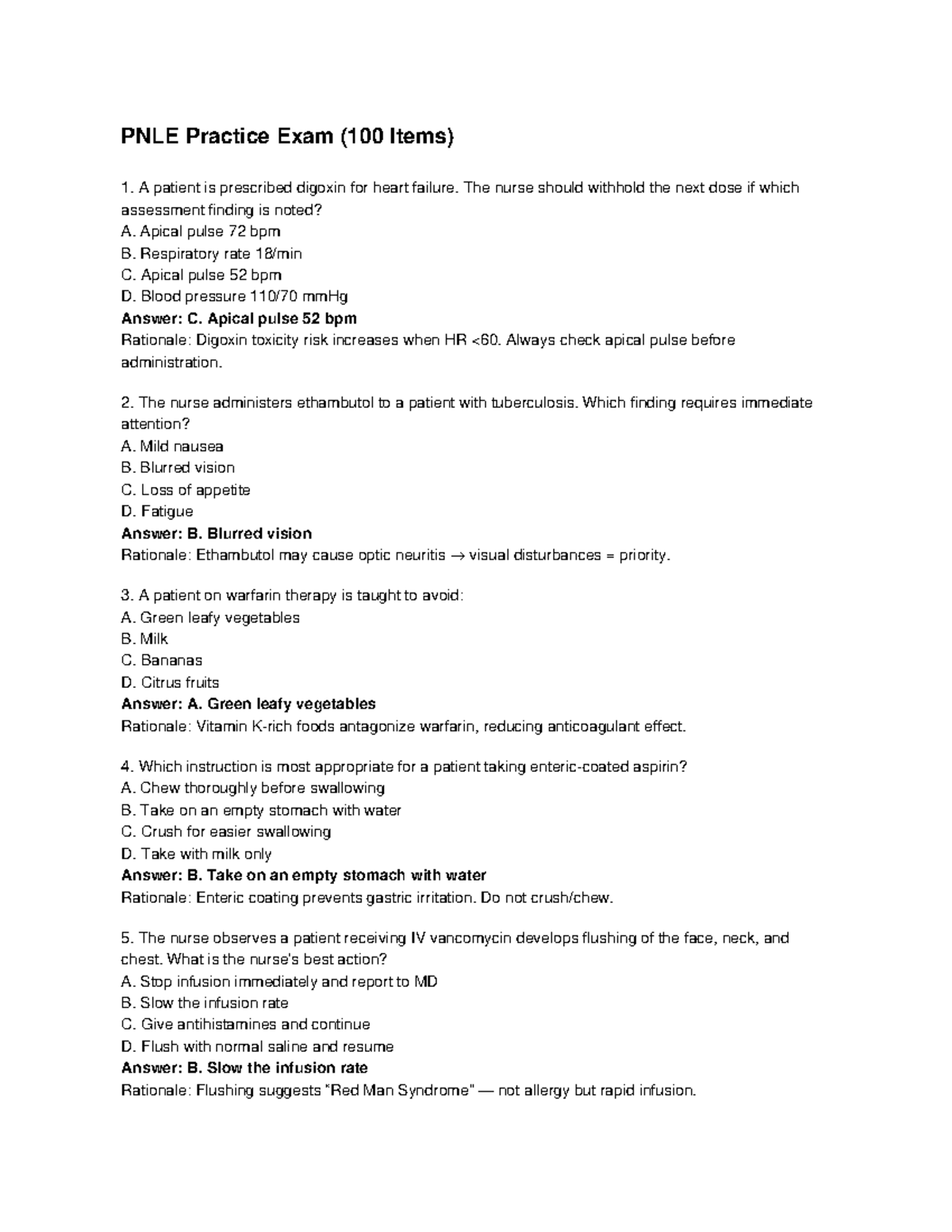 PNLE Practice Exam: 100 Essential Questions for Nursing Students - Studocu