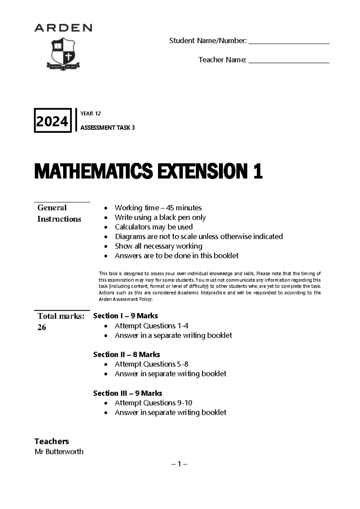 2024 Year 12 Mathematics Ext 1 Task 3 Final Exam - Studocu