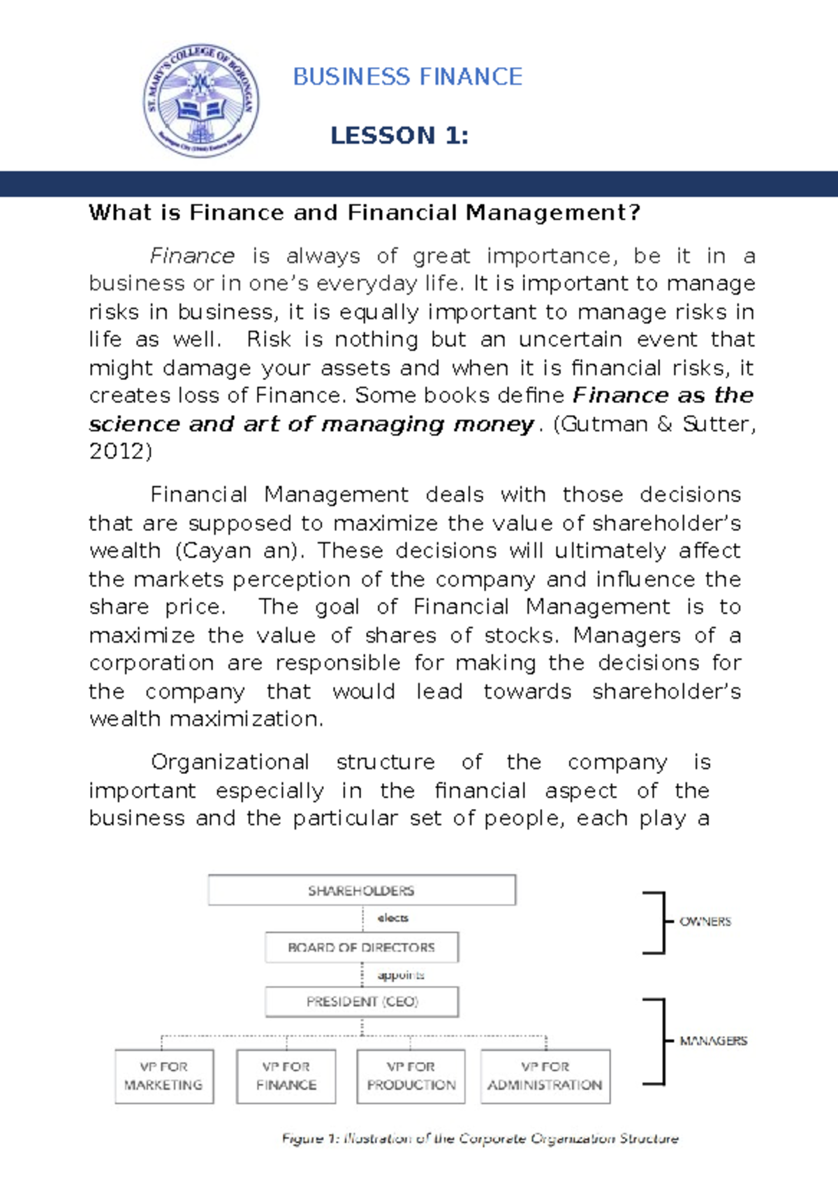 Lesson 1 - NOTES FOR ACADS - LESSON 1: What is Finance and Financial ...
