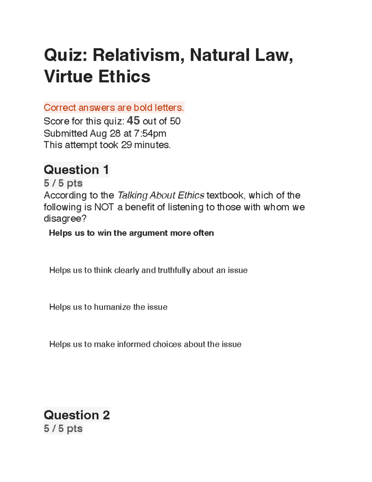 Quiz: Relativism, Natural Law, and Virtue Ethics (Score: 45/50) - Studocu
