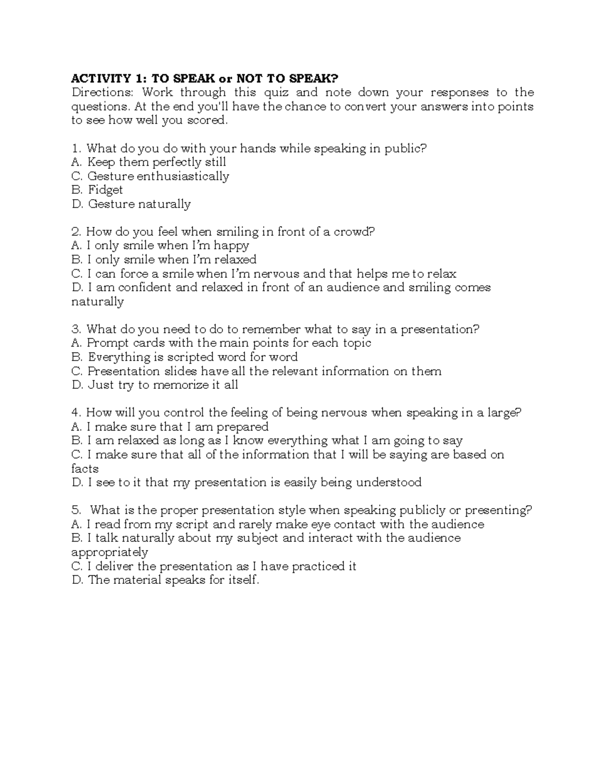 Activity- Worksheet-G10 - ACTIVITY 1: TO SPEAK or NOT TO SPEAK ...