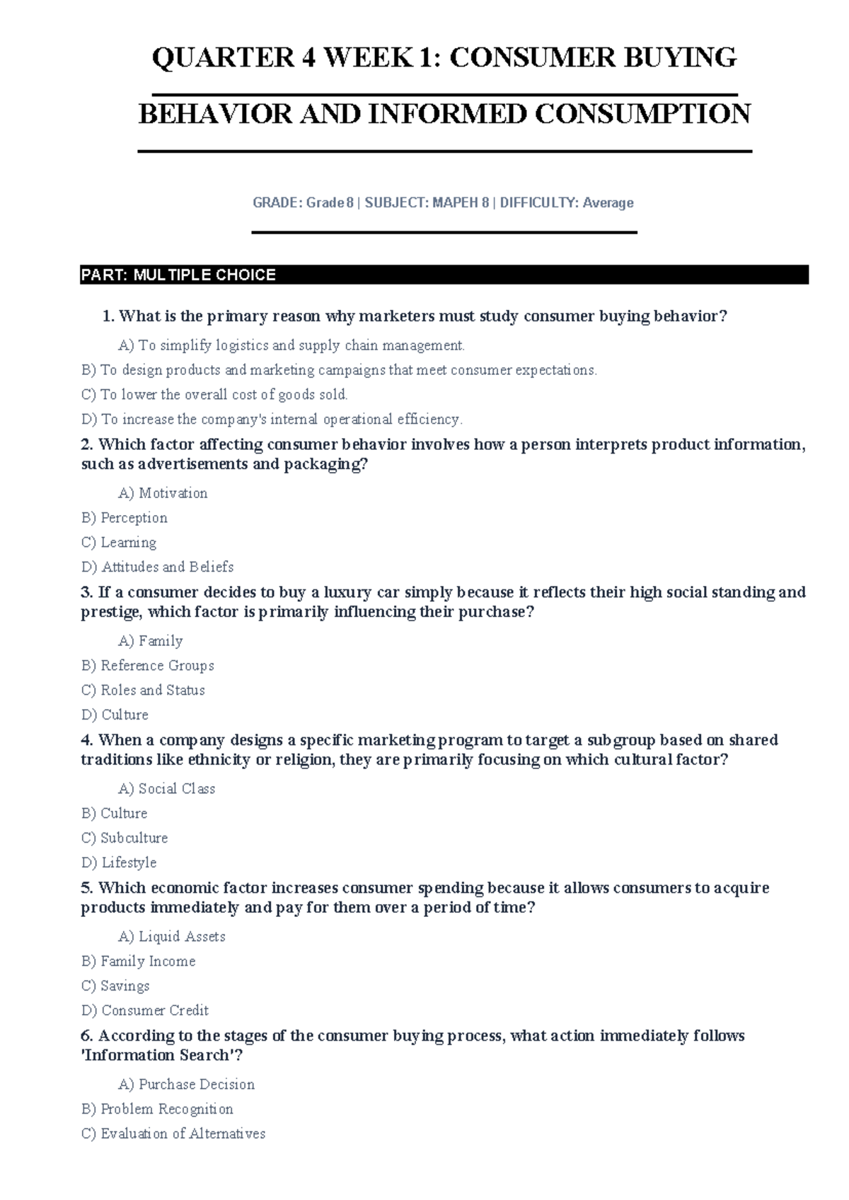 MAPEH 8: Consumer Buying Behavior & Purchase Influences - Q4 W1 - Studocu