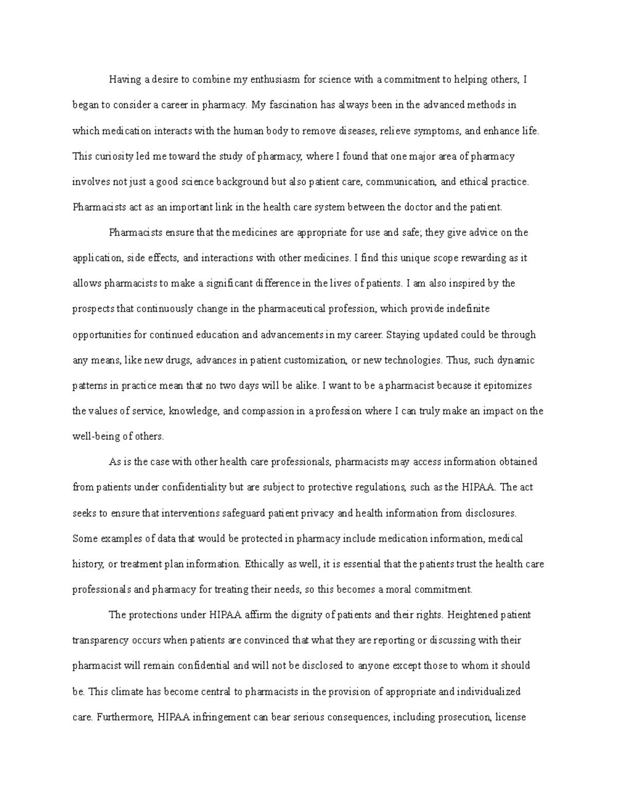 Pharmacy Reflection: Commitment to Patient Care and Ethical Practice ...
