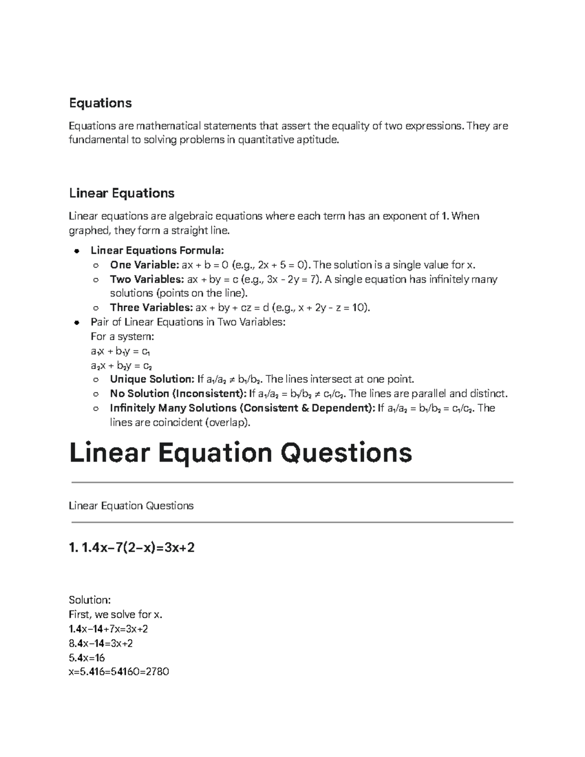 Linear Equations: Concepts & Practice Questions (Course Code: LE101 ...