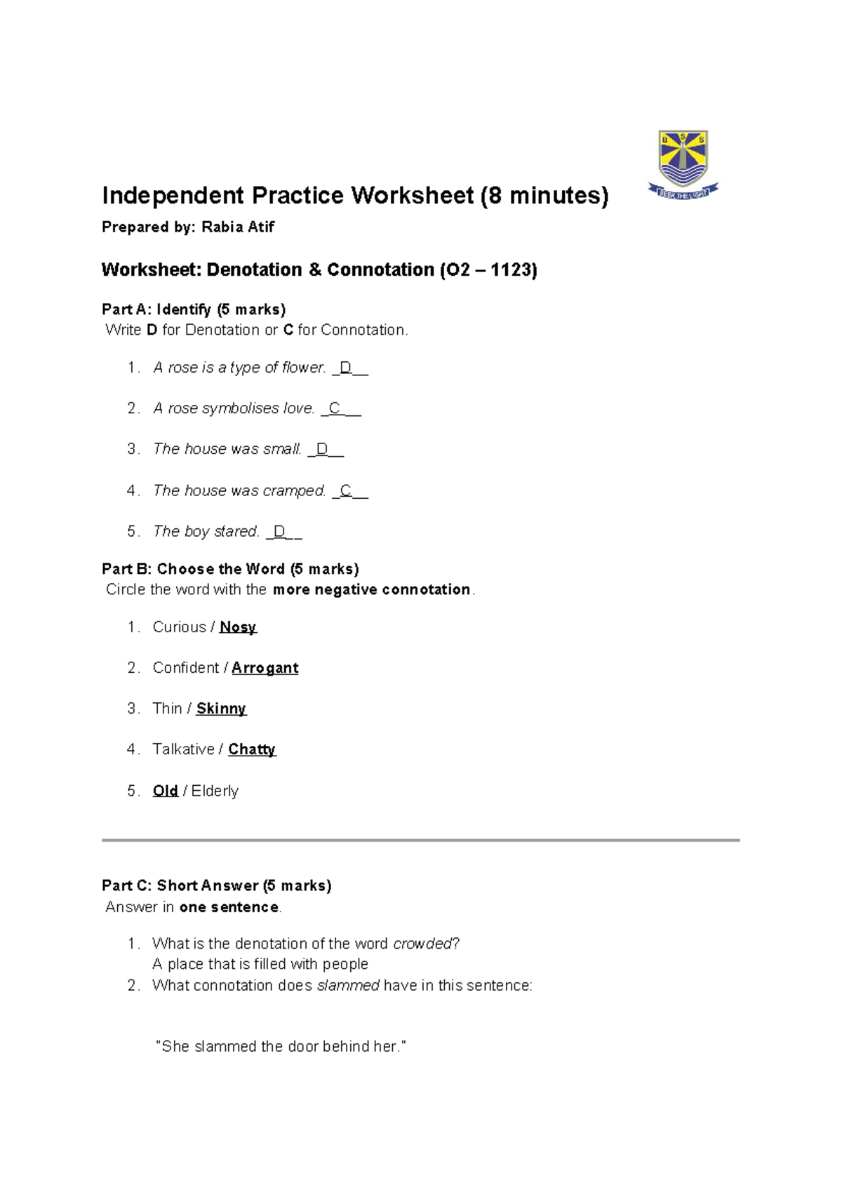 O2 1123 Independent Practice Worksheet: Denotation & Connotation - Studocu