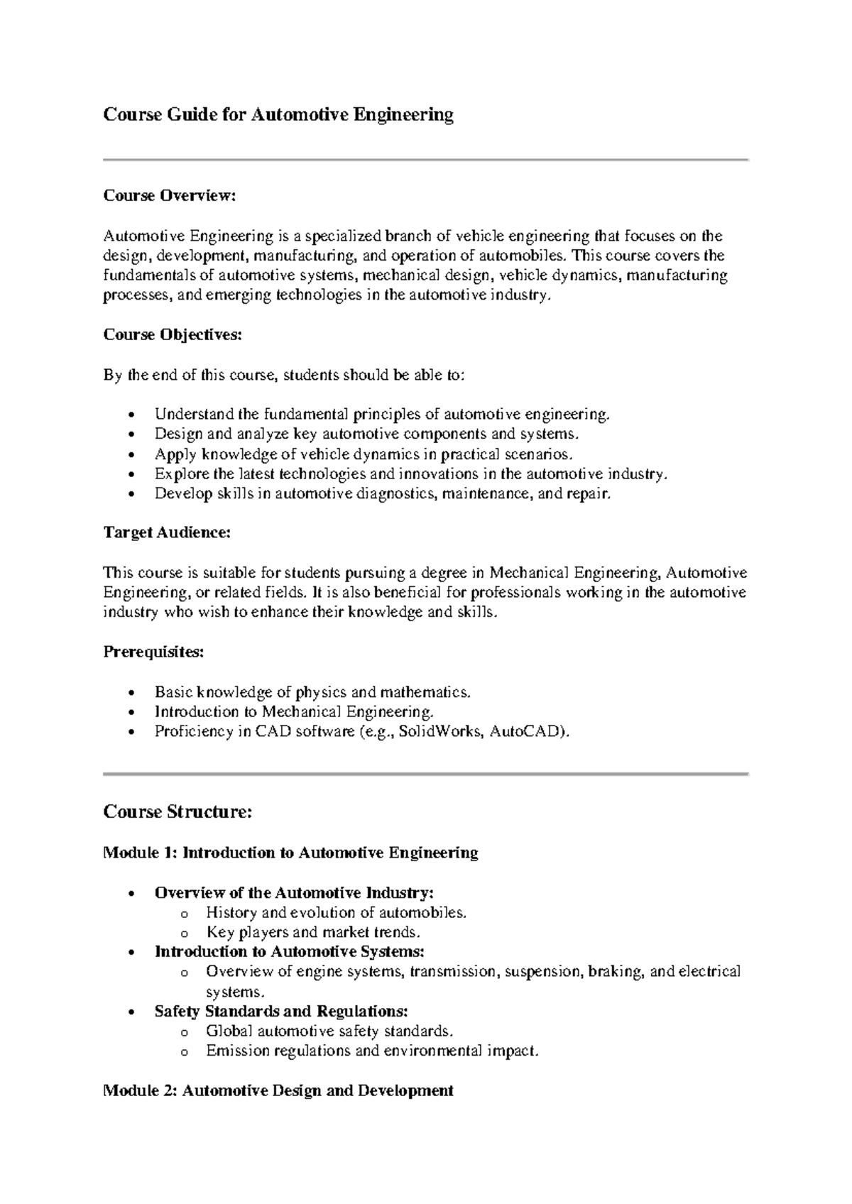 Automotive Engineering Course Guide: Design, Systems, and Innovation ...