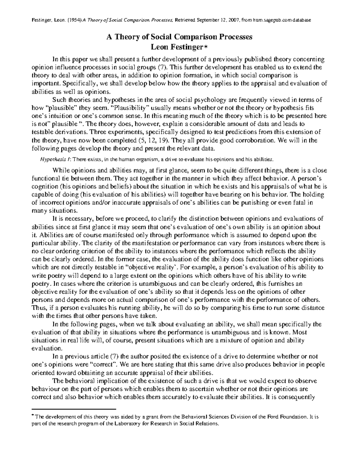 Festinger (1954) A Theory of Social Comparison Processes: Insights and ...