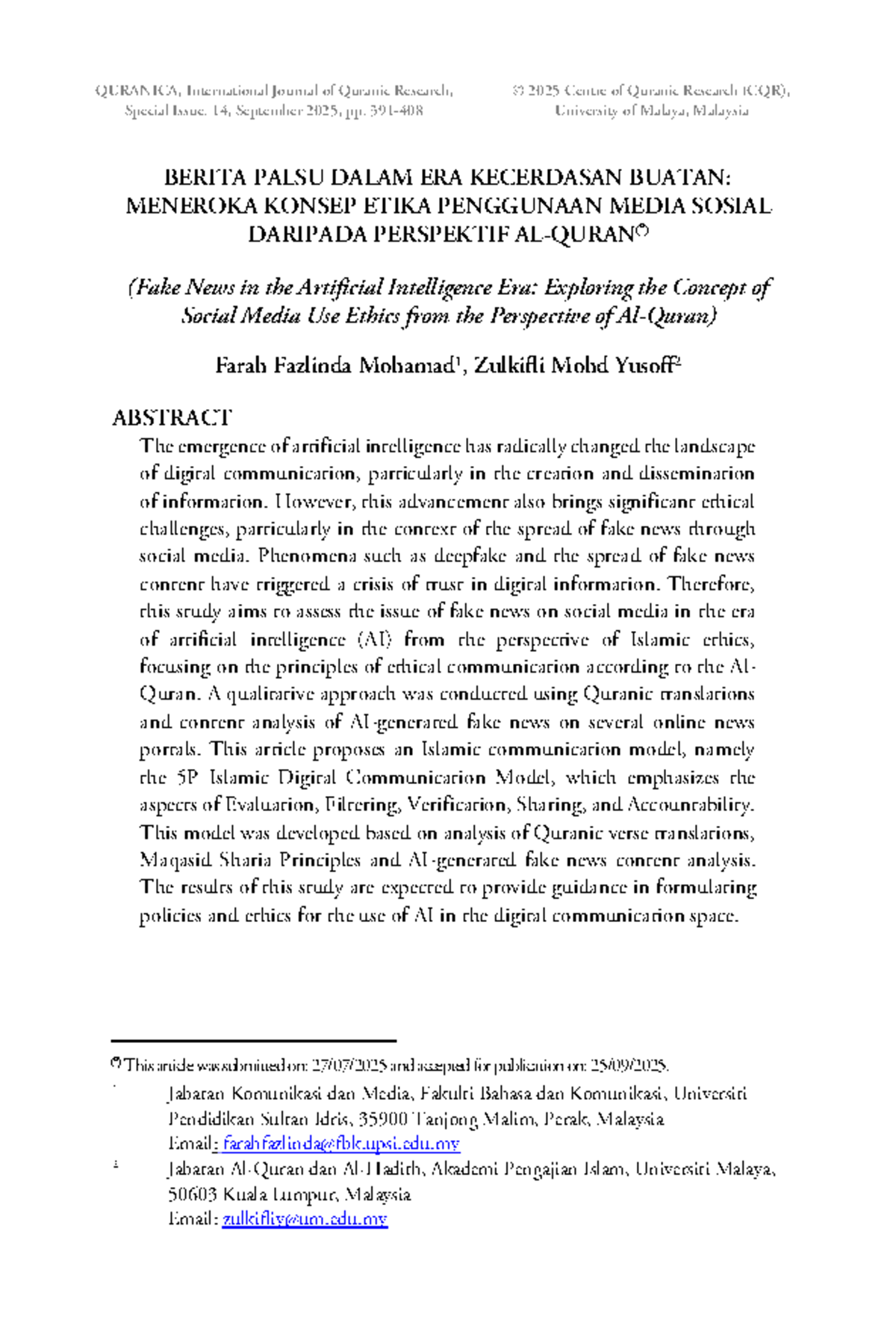 QURANICA, S.I.14, September 2025: Etika Media Sosial & Berita Palsu AI ...
