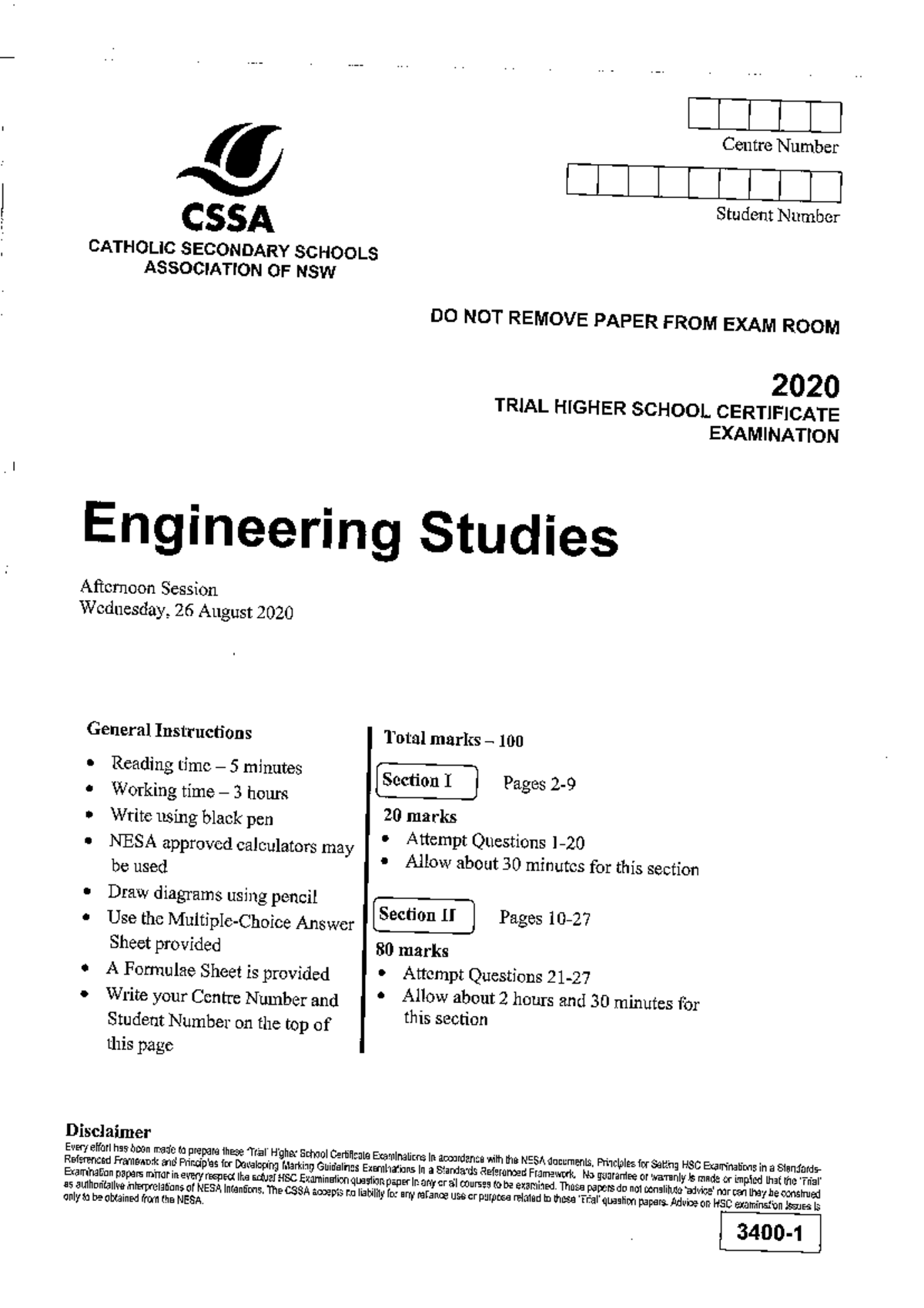 Engineering Studies HSC CSSA Trial Exam 2020 - Afternoon Session - Studocu
