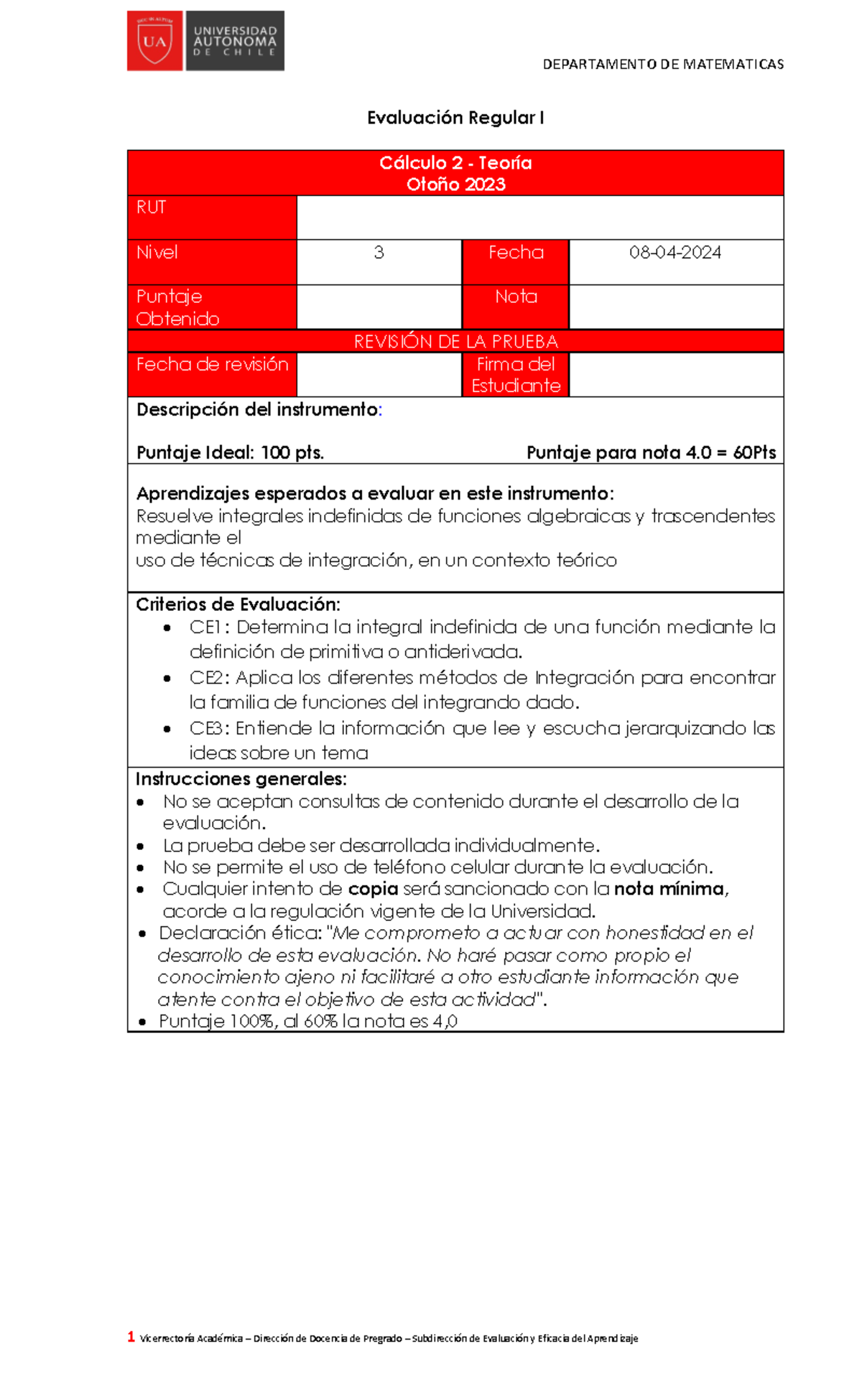 Cálculo 2 - Evaluación Regular I - Otoño 2023 - Puntuación y Criterios ...