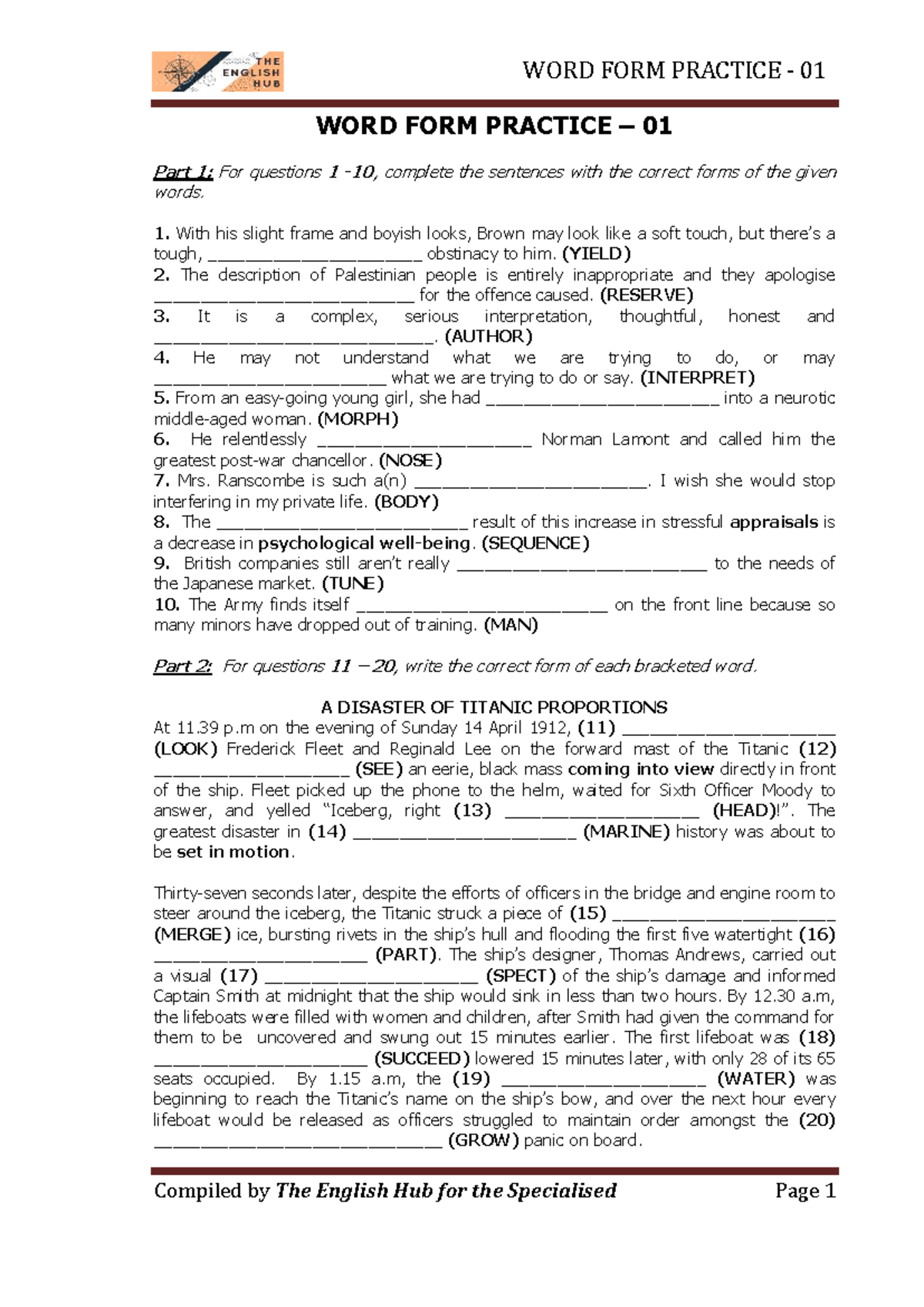 WORD FORM PRACTICE 01: Exercises on Word Forms and Usage - Studocu