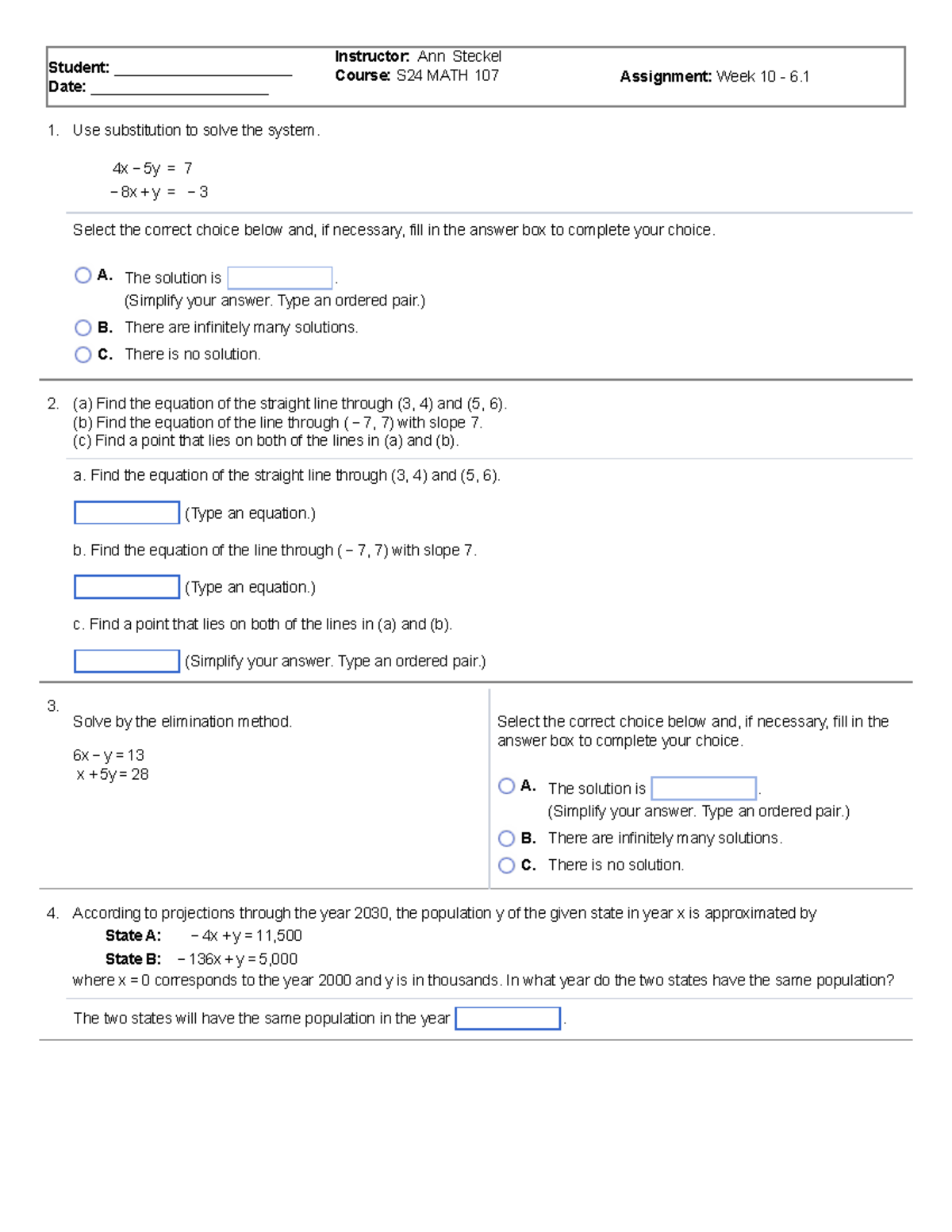 MATH 107 Week 10 Assignment: Systems of Equations & Projections - Studocu