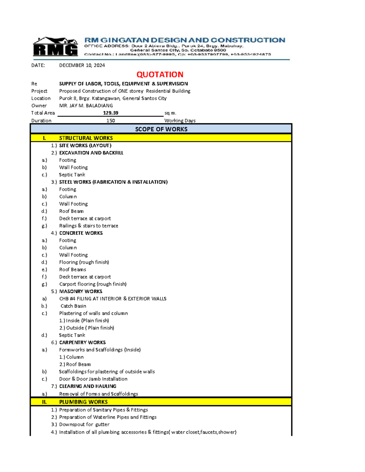 Labor Quotation for Residential Building Project - Jay Baladiang (12-10 ...