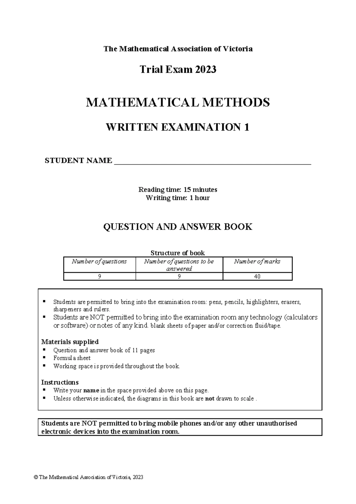 2025 VCE (NHT) Mathematical Methods Exam 1 Question & Answer Book - Studocu