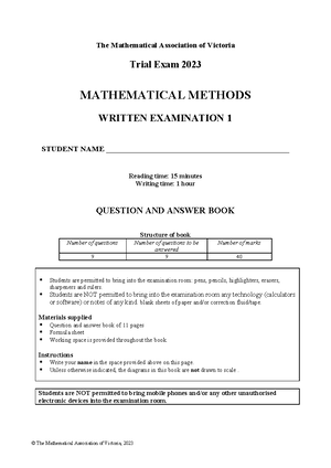 2024 VCE (NHT) Mathematical Methods Exam 1 - Question & Answer Book ...