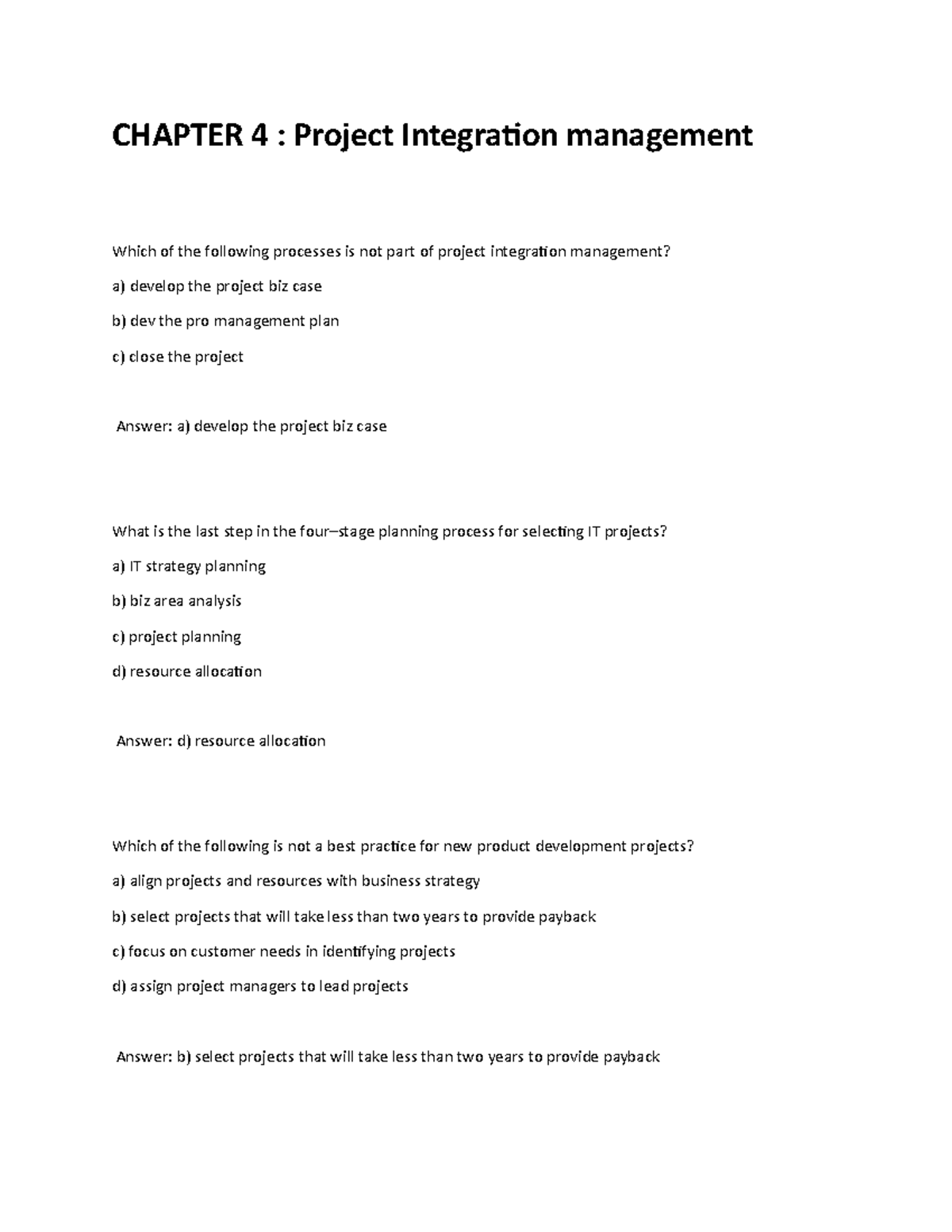 Chapter 4 - Project integration management - MCQs questions - CHAPTER 4 ...