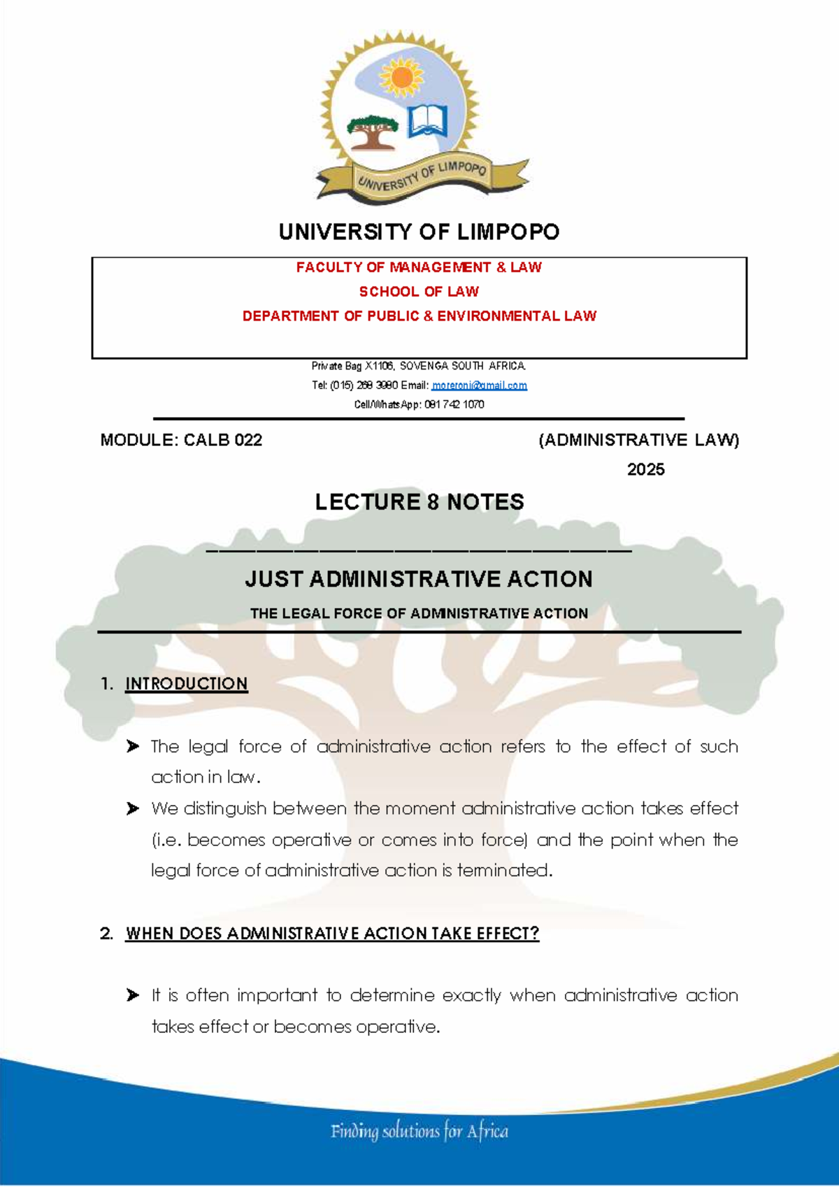 CALB 022 Lecture 8 Notes: Legal Force of Administrative Action - Studocu