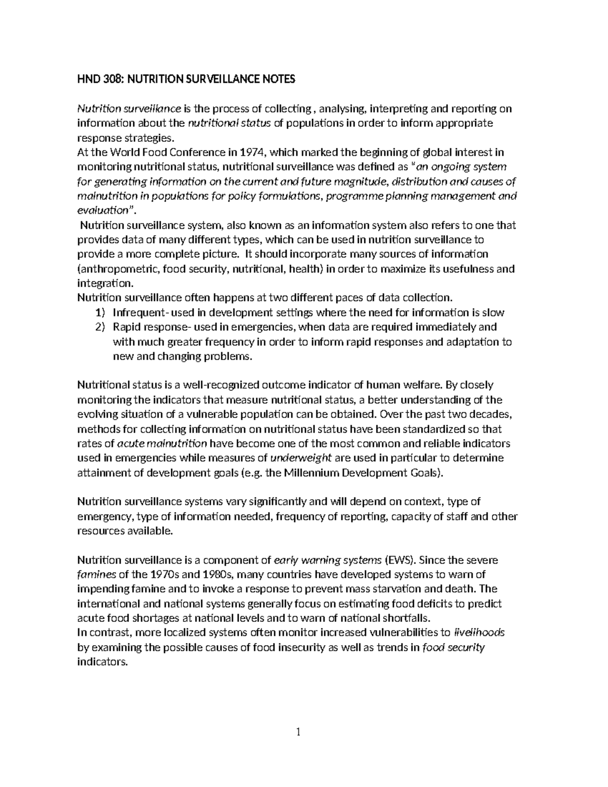 HND 308: Comprehensive Notes on Nutrition Surveillance Systems - Studocu
