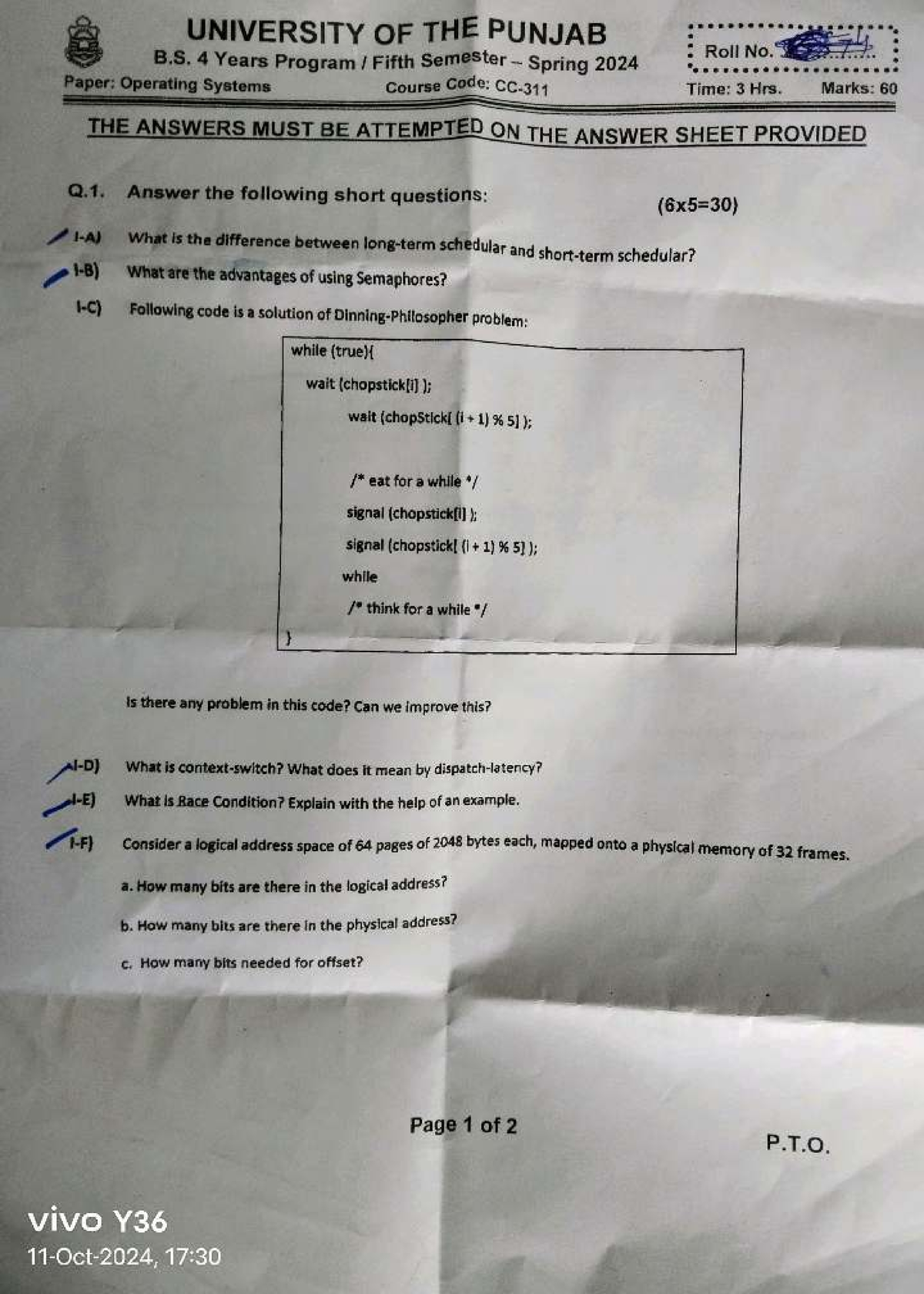 IT 5th Semester Spring 2024 Past Paper: Operating Systems & Info Security - Studocu