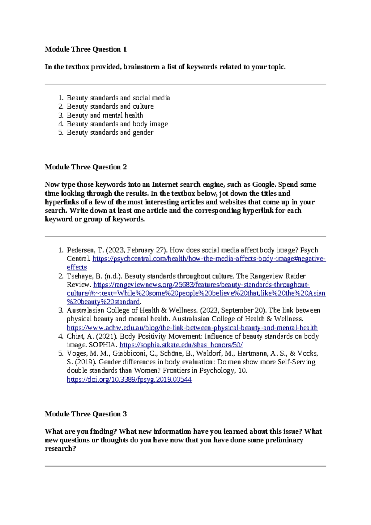 SCS 200 Module Three Short Responses & Research on Beauty Standards ...