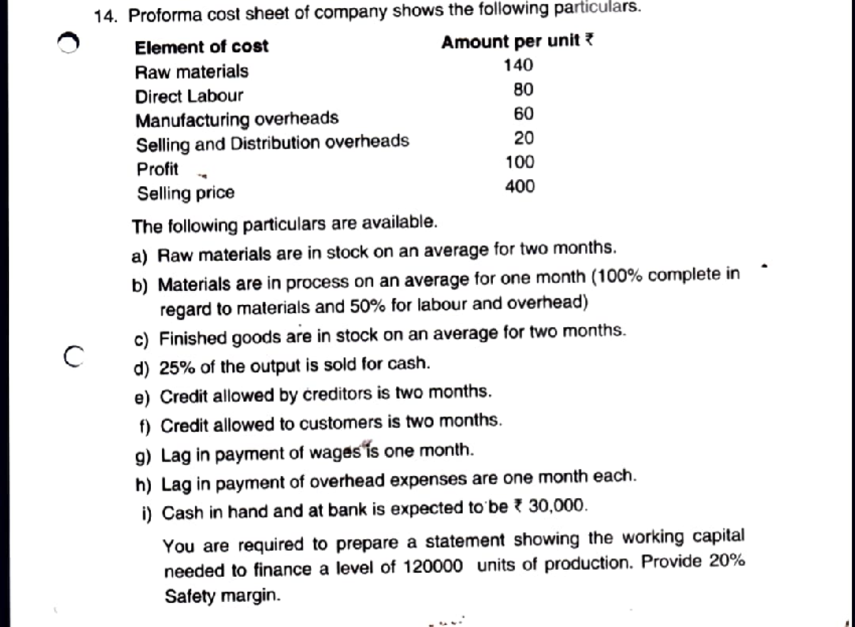 14. Financial Management: Proforma Cost Sheet Analysis - Studocu