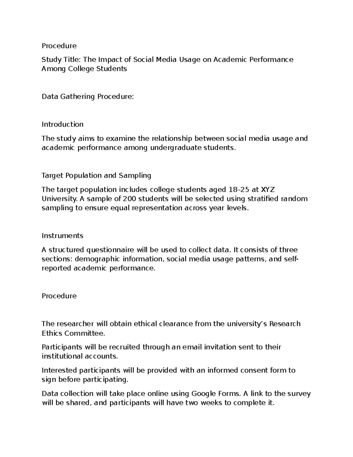 Data Gathering Procedure for Social Media Impact Study (XYZ 101) - Studocu