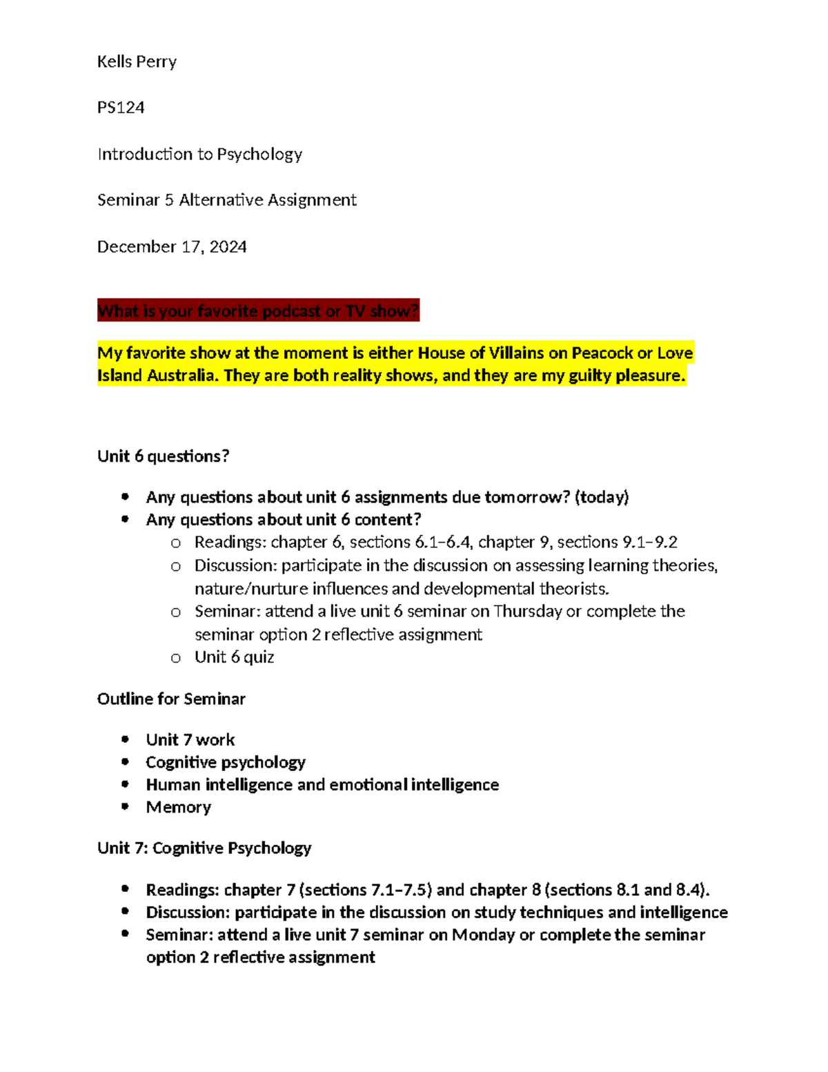 Seminar 6 Assignment - This document provides an overview of cognitive ...