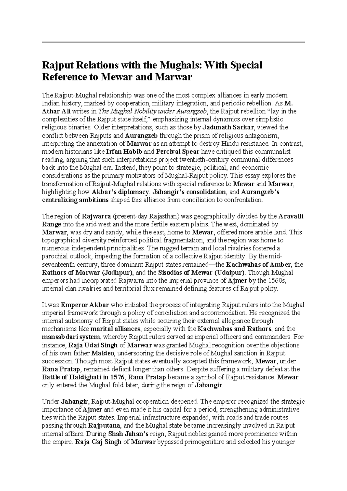 Rajput-Mughal Relations: Mewar & Marwar Dynamics (HIST 301) - Studocu