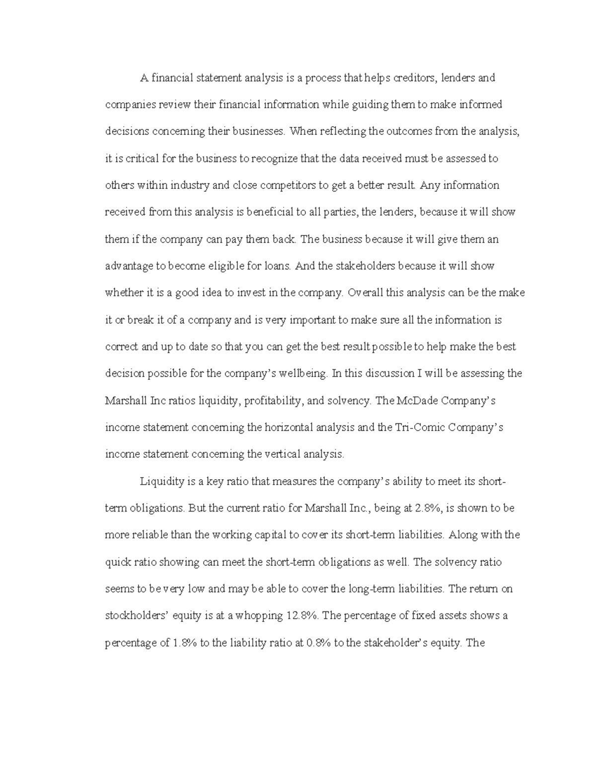 Financial Statement Analysis: Marshall Inc. & McDade Income Review ...
