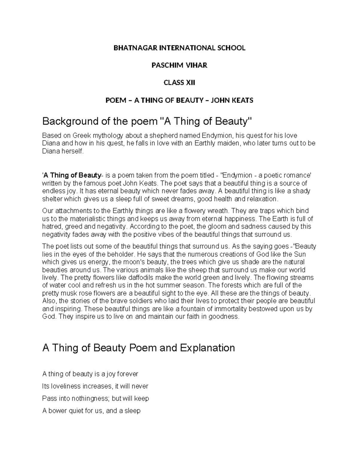 Class 12 - A Thing of Beauty by John Keats: Comprehensive Notes - Studocu