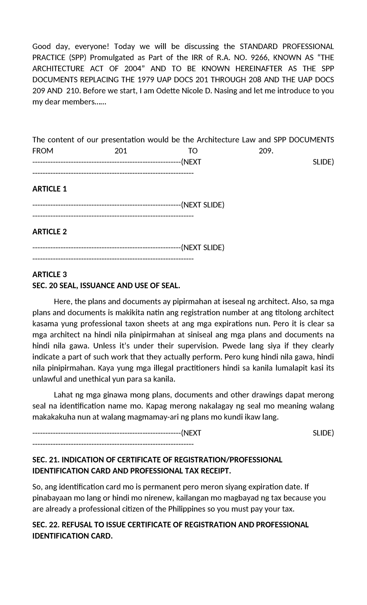 Script SA Specs - Good day, everyone! Today we will be discussing the STANDARD PROFESSIONAL ...