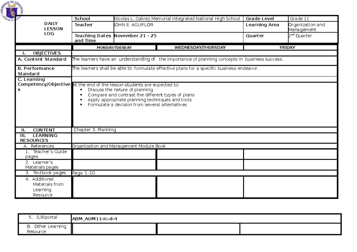 DLL-Week-3 Daily Lesson Log Q2: Planning Concepts in Management - Studocu