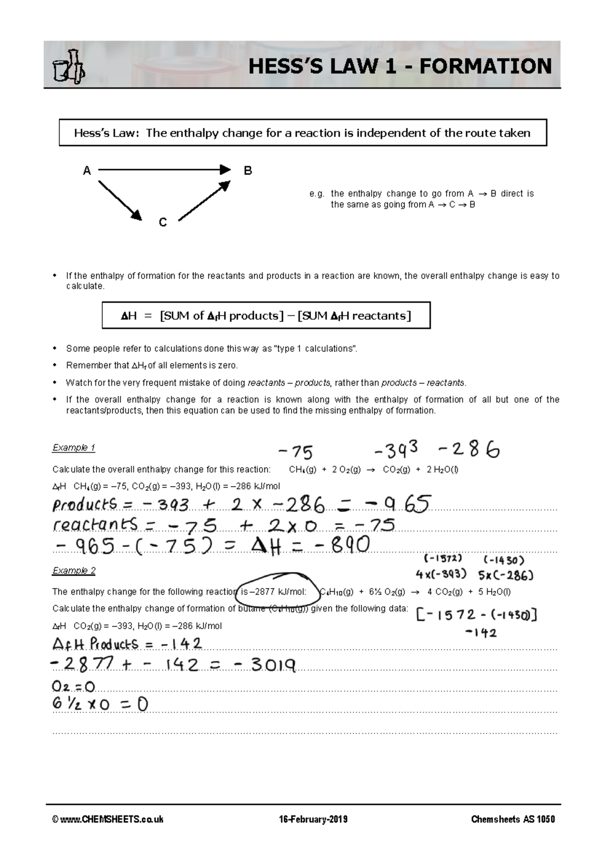 LAW 1: Hess's Law of Formation and Enthalpy Changes (Chemsheets AS 1050 ...