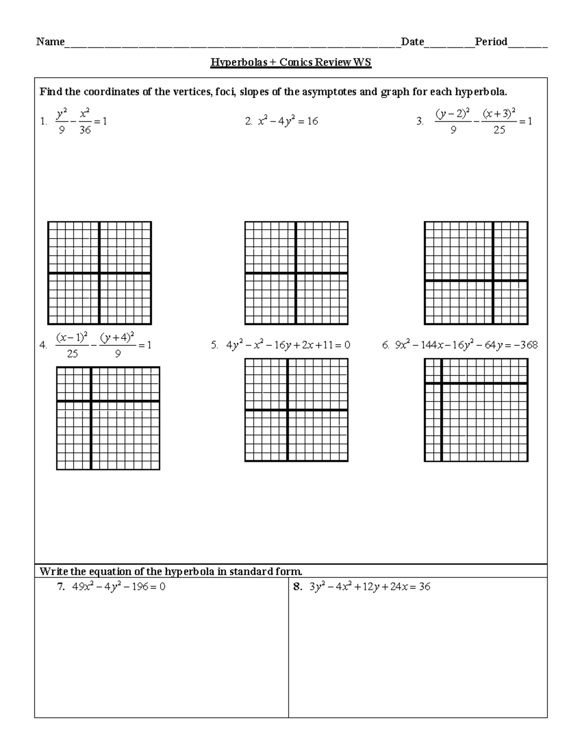 MATH 101: Hyperbolas Conics Review WS - Graphing & Key Features - Studocu