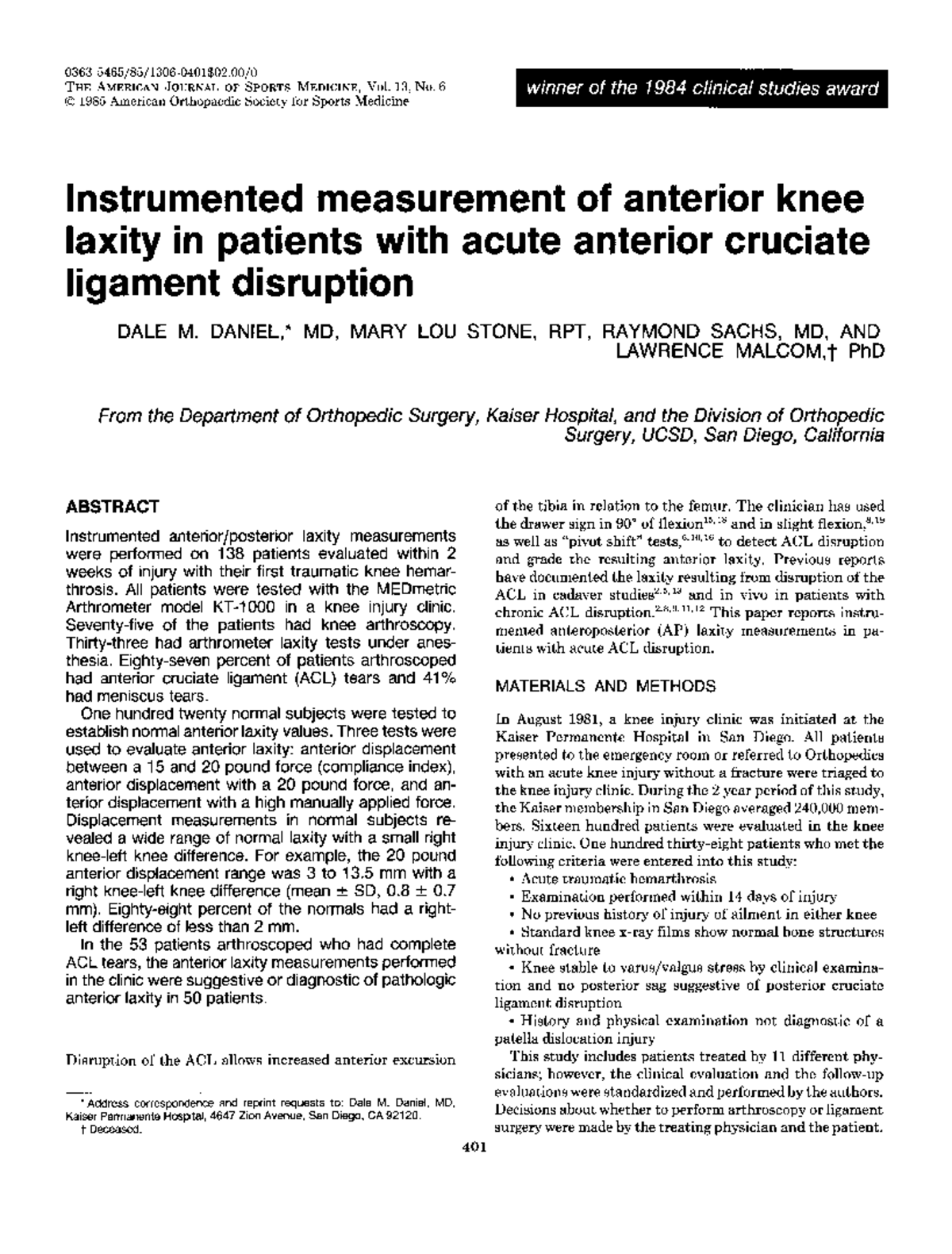 Instrumented Measurement of Anterior Knee Laxity in ACL Disruption ...