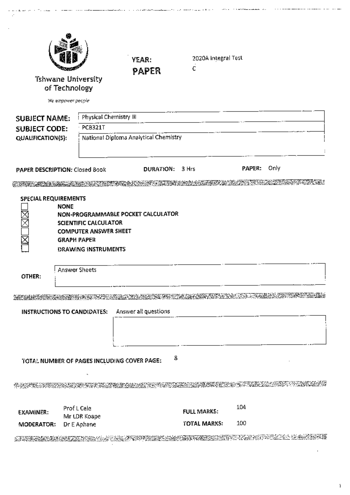 Integral Test Paper C: Physical Chemistry PCB321T - May 2020 - Studocu