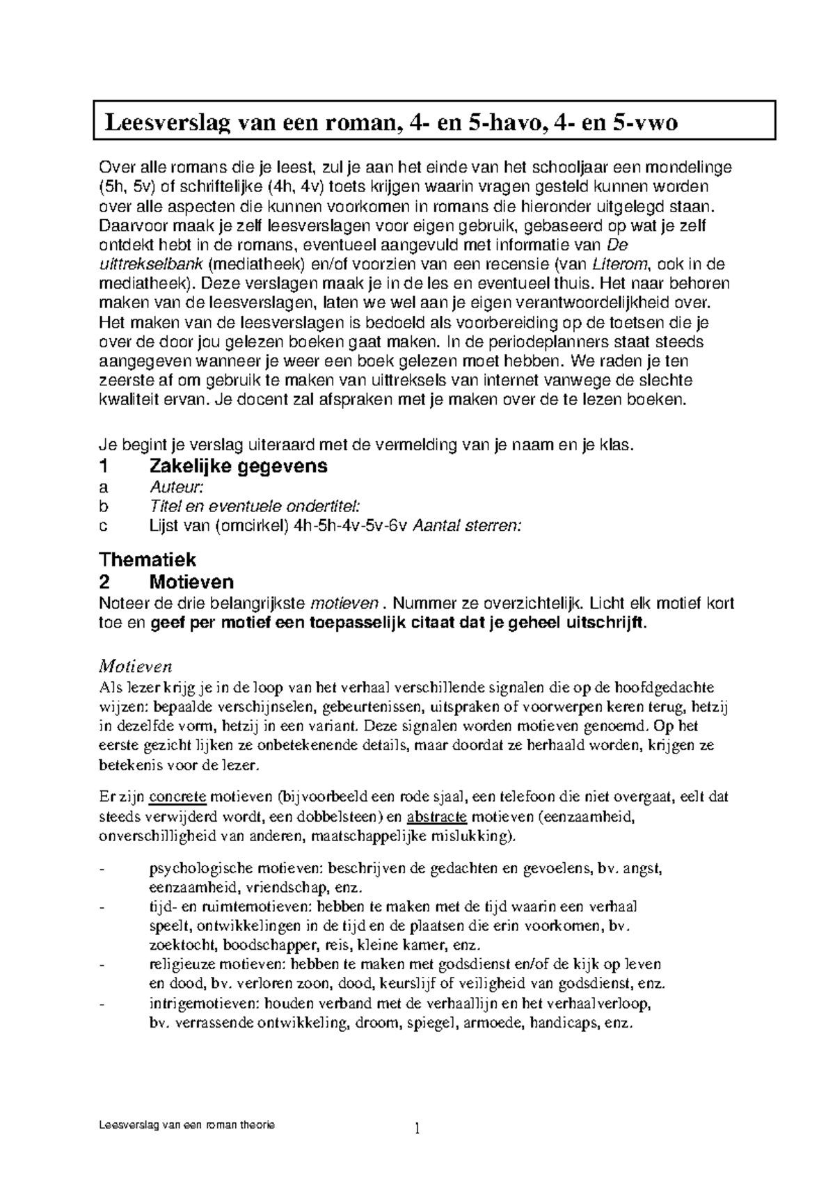 Leesverslag van een Roman: Theoretische Benadering voor 4- en 5-havo ...