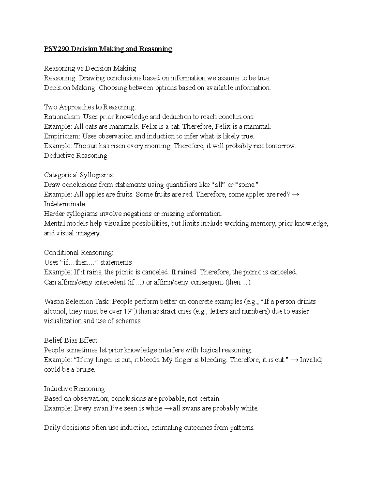 PSY290 Final Exam Notes: Decision Making vs. Reasoning - Studocu