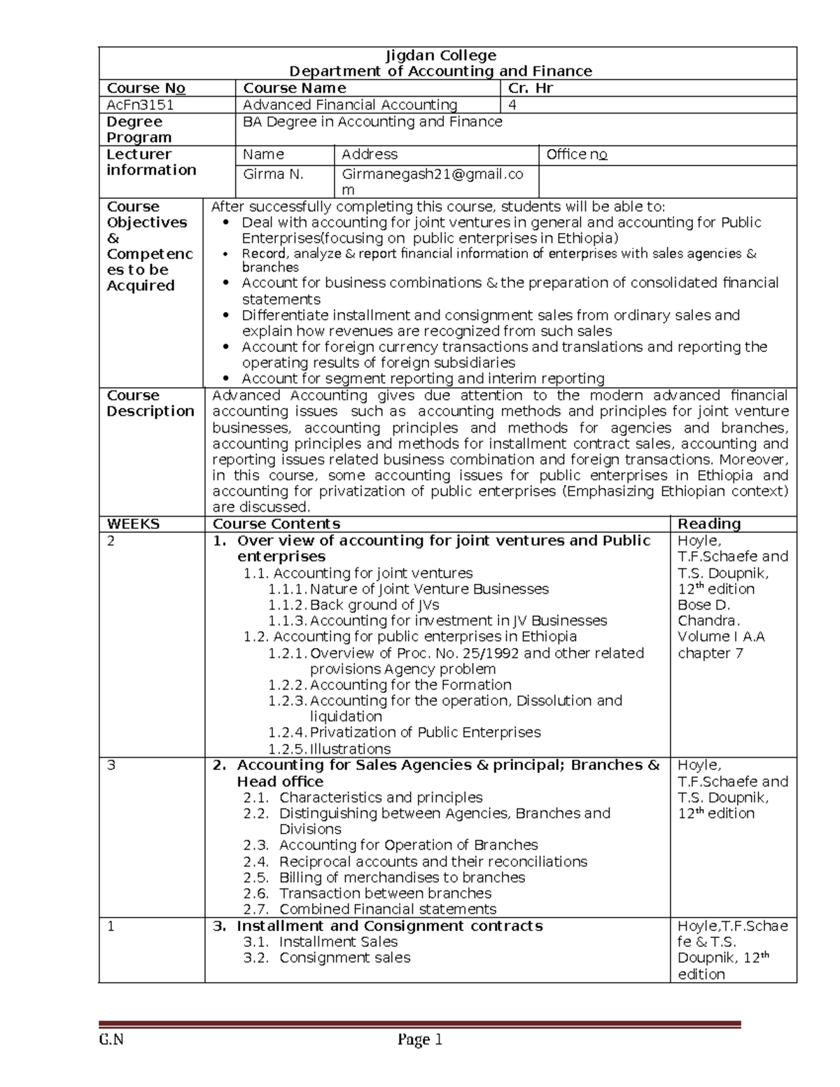 Advanced course out line - Jigdan College Department of Accounting and ...