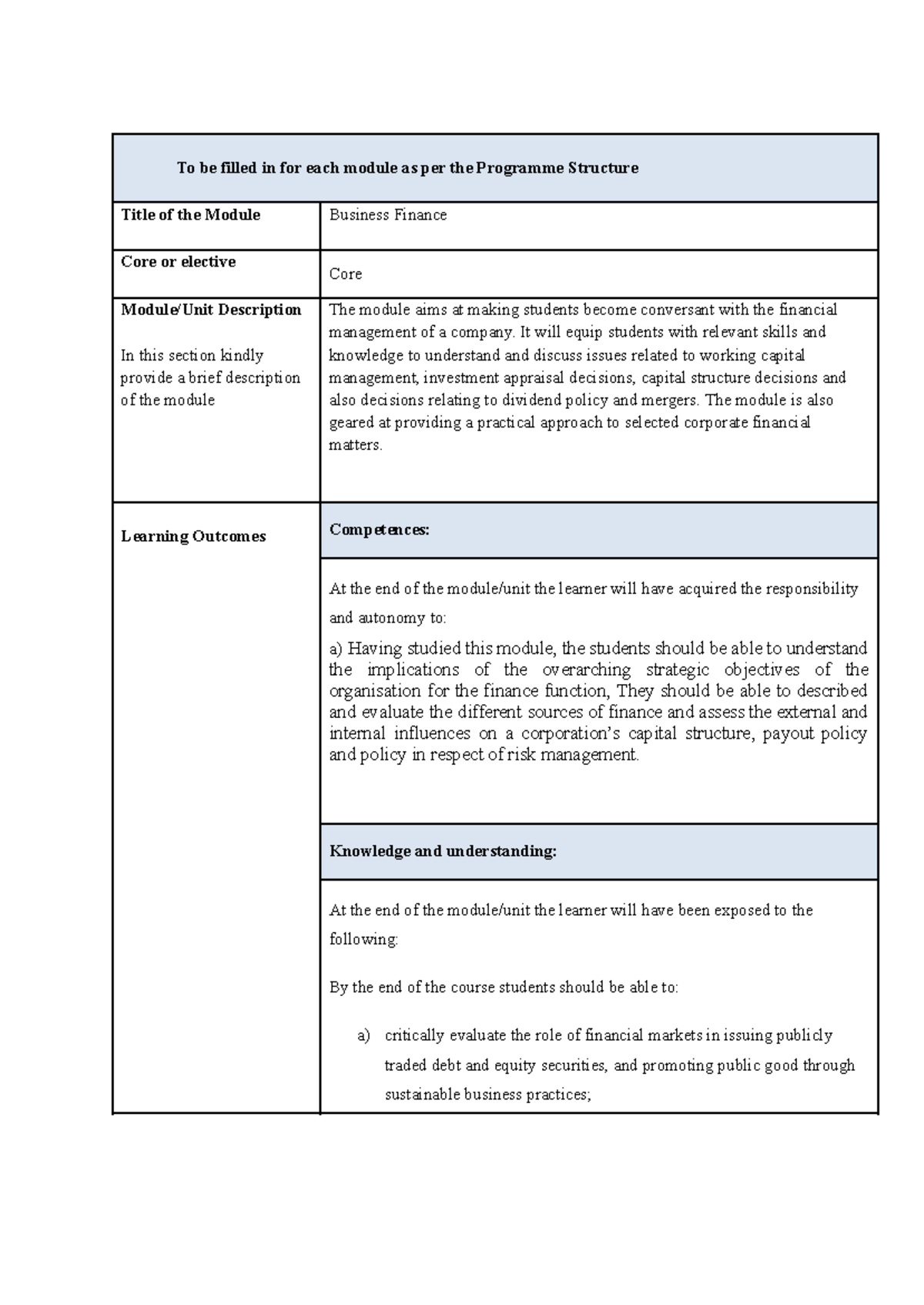 MC DFA1006Y - Business Finance Module Overview and Learning Outcomes ...