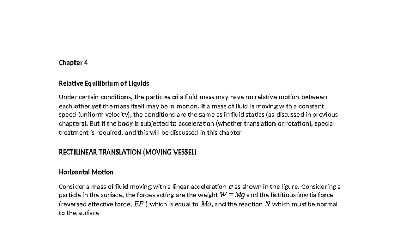 Chapter 4: Relative Equilibrium of Liquids in Motion (ENG 101) - Studocu