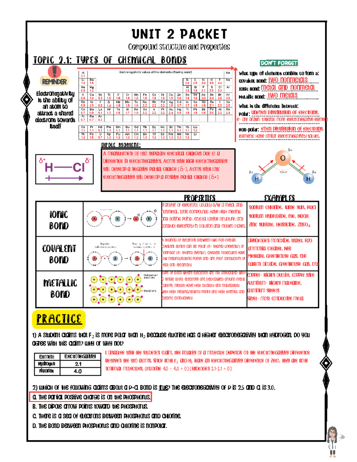 Answer Key for Unit 2 Packet: Types of Chemical Bonds and Properties ...